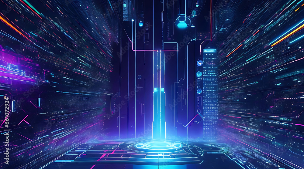 Digital binary code matrix background, revealing a 3D Rendering of a scientific technology data ...