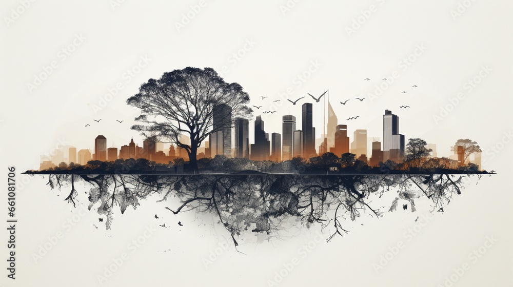 An urban city skyline intertwined with the intricate branches of a tree ...