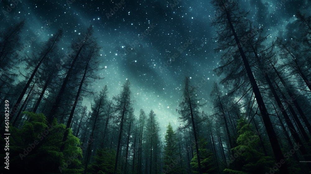 A dense forest with towering trees blending with a starry night sky ...
