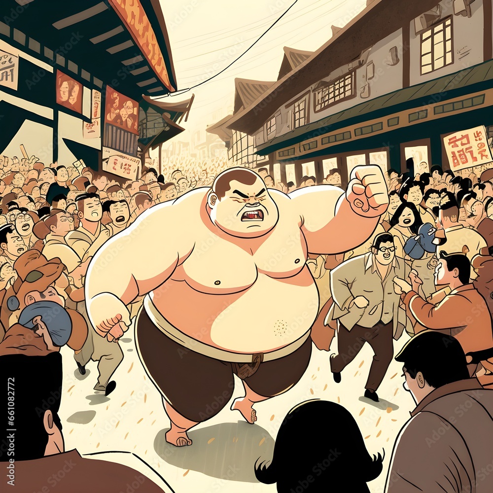 Tiny 2ndlength Sumo wrestler skips through the streets of Edo crowd of ...