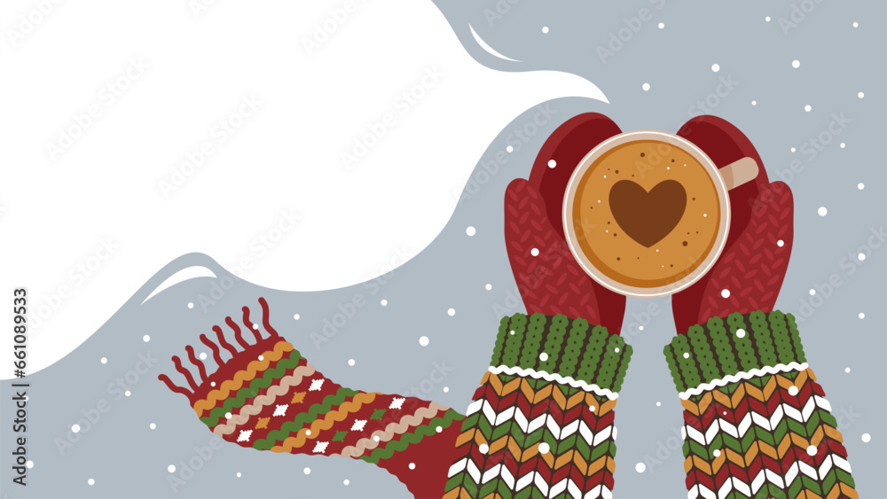 Hands in mittens hold a cup with a hot drink, coffee or chocolate.Warm ...