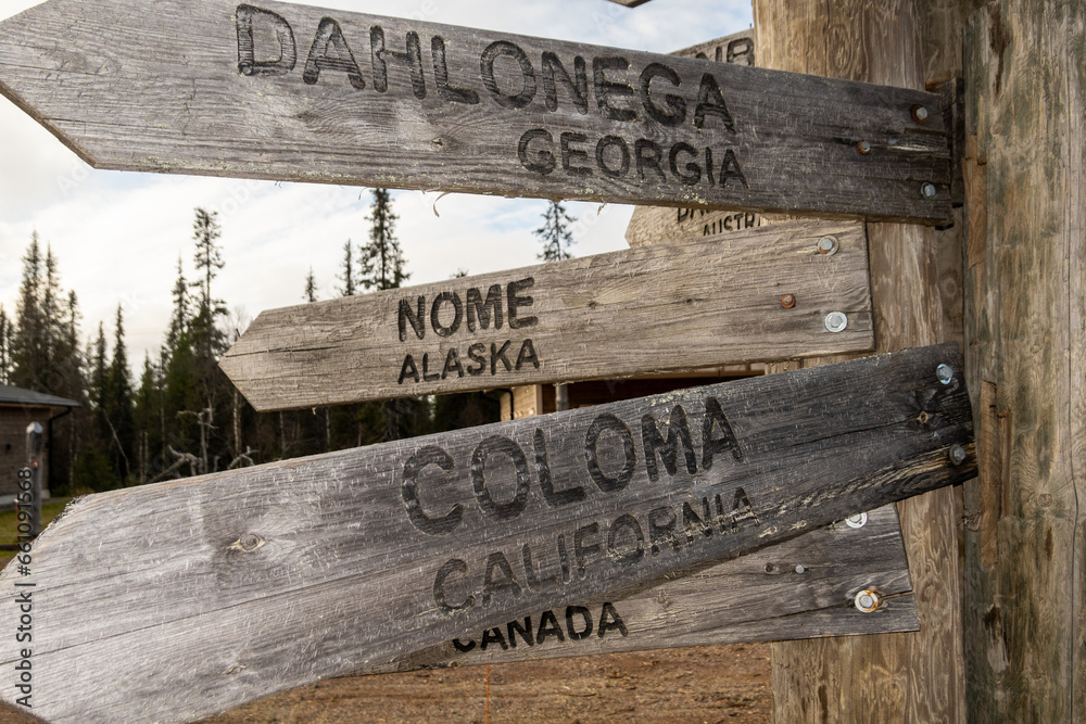 Tankavaara, Finland Directional signs at the outdoor Gold Museum, which ...