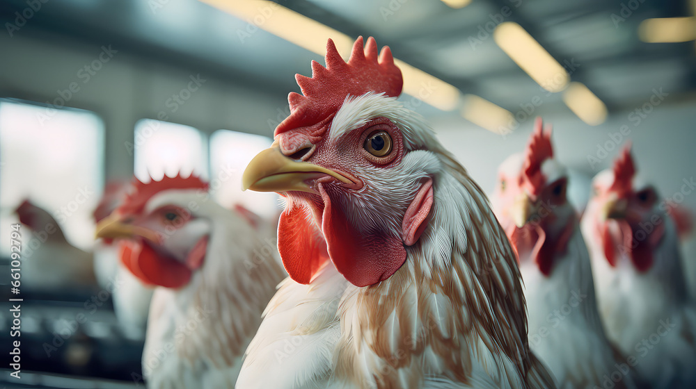 Chicken factory line. Lots of factory chickens, chicken meat and eggs ...