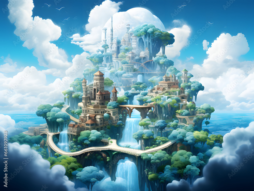 Huge floating city, fantasy city with several layers of buildings ...