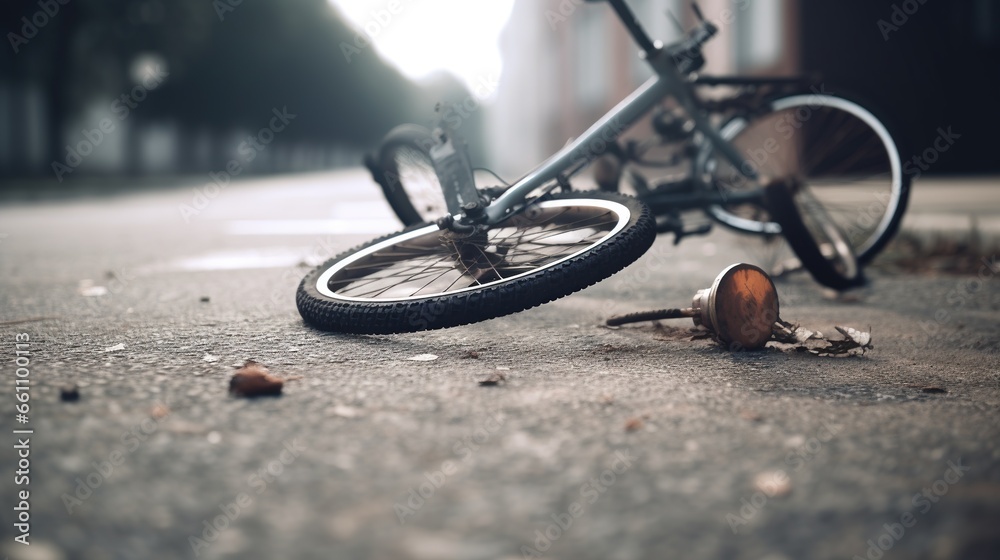 Road accident scene with destroyed bike. Bicycle crash on roadside ...