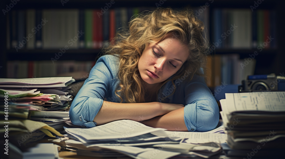 An exhausted businesswoman rests slumped at her desk with signs of ...