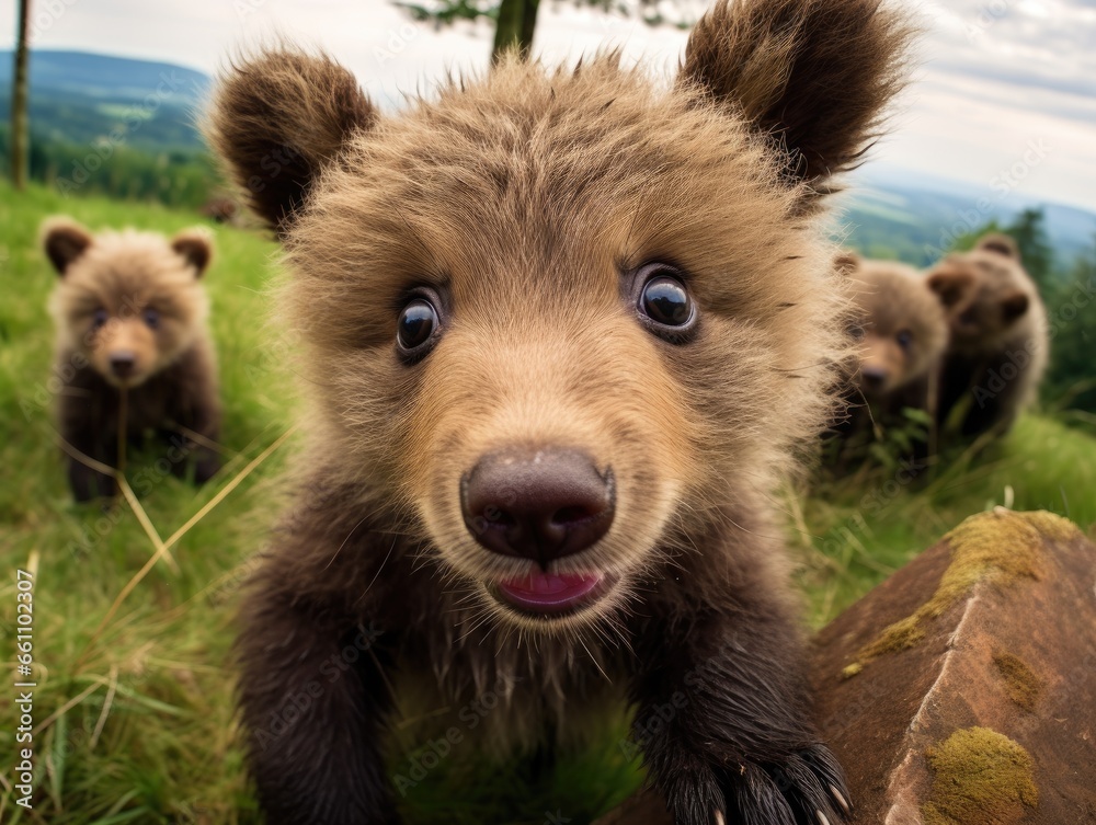 Close-up portrait of a bear cub in a clearing in the forest. Detailed ...