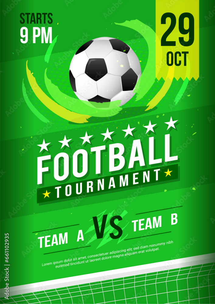 Football tournament poster vector illustration. Ball in football pitch ...