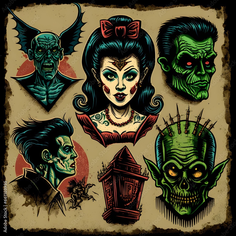 Traditional Tattoo flash style images of Classic movie Monsters vintage ...