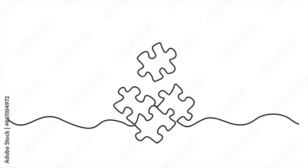 Continuous single line drawing of four puzzle pieces. Problem solving ...