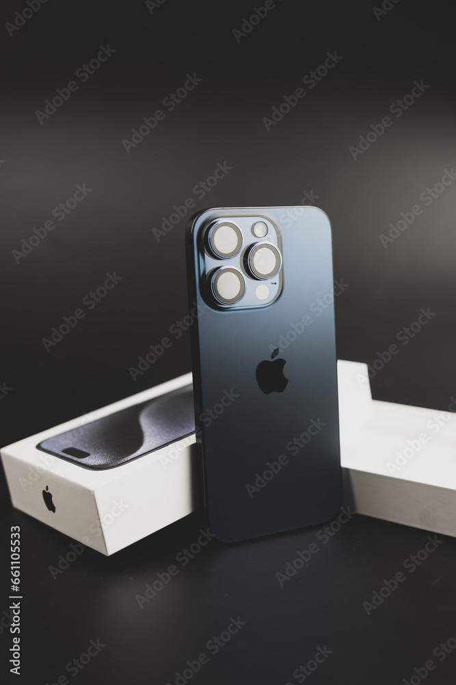 Bangkok, Thailand - October 12, 2023 : New iPhone 15 Pro blue titanium ...