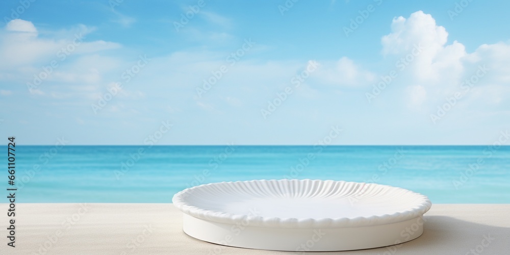 Empty round white platform podium made of sea shells on white beach ...