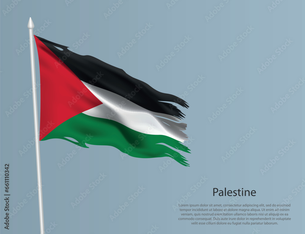 Ragged national flag of Palestine. Wavy torn fabric on blue background ...