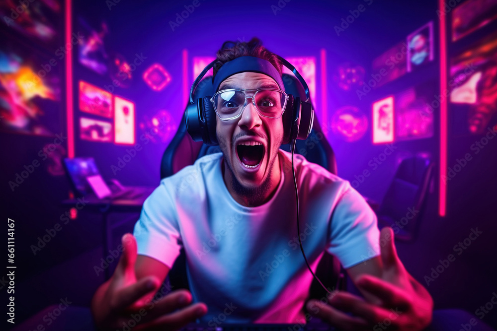 Emotional game streamer in headphones shocked by a new online game ...