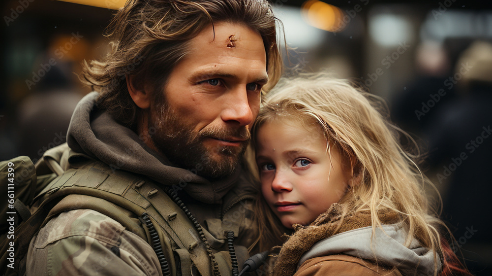 Father in full military uniform He was hugging his daughter to say ...