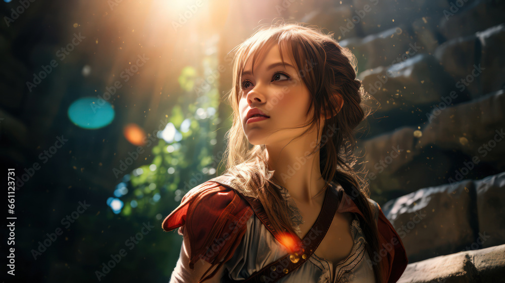 Portrait of Beautiful woman princess cosplay in enchanted forest. Weird ...