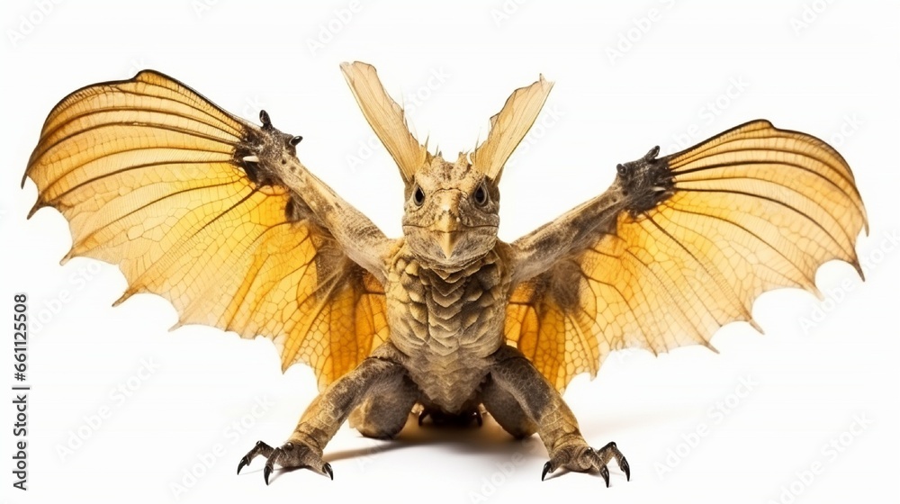 A lizard in flight, isolated on white. Indonesian macro Draco volans ...