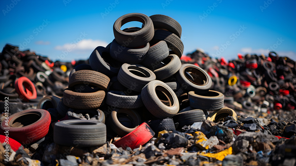 Used tires, piles of old tires and wheels for tire recycling Stock ...