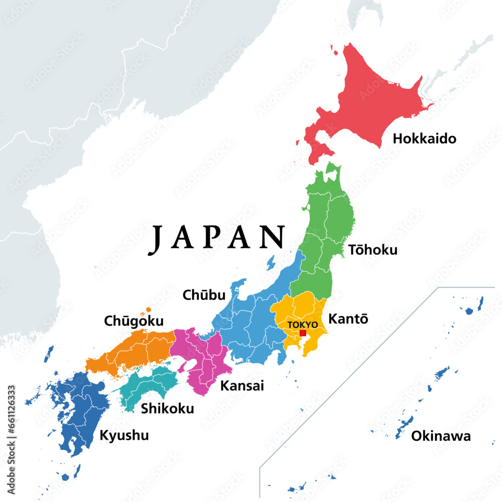 The eight regions of Japan, political map. Traditional units ...