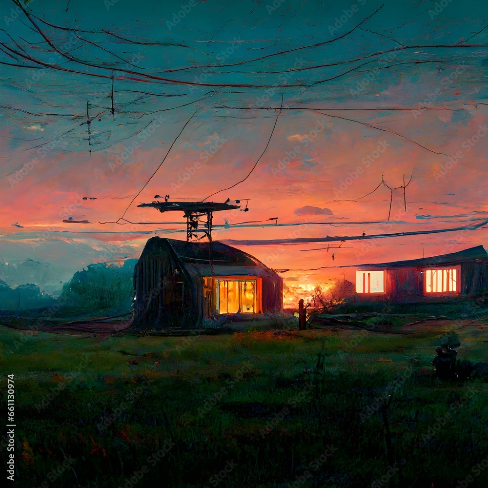 American Ranch with a big wood Barn electric wires sunset myst with ...