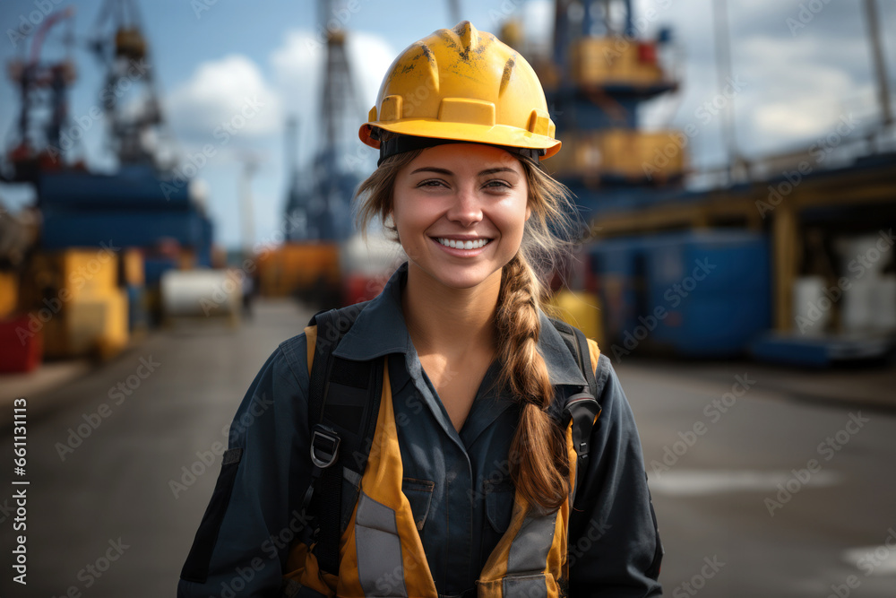 Smiling portrait of a beautiful woman with hard hat and reflective vest ...