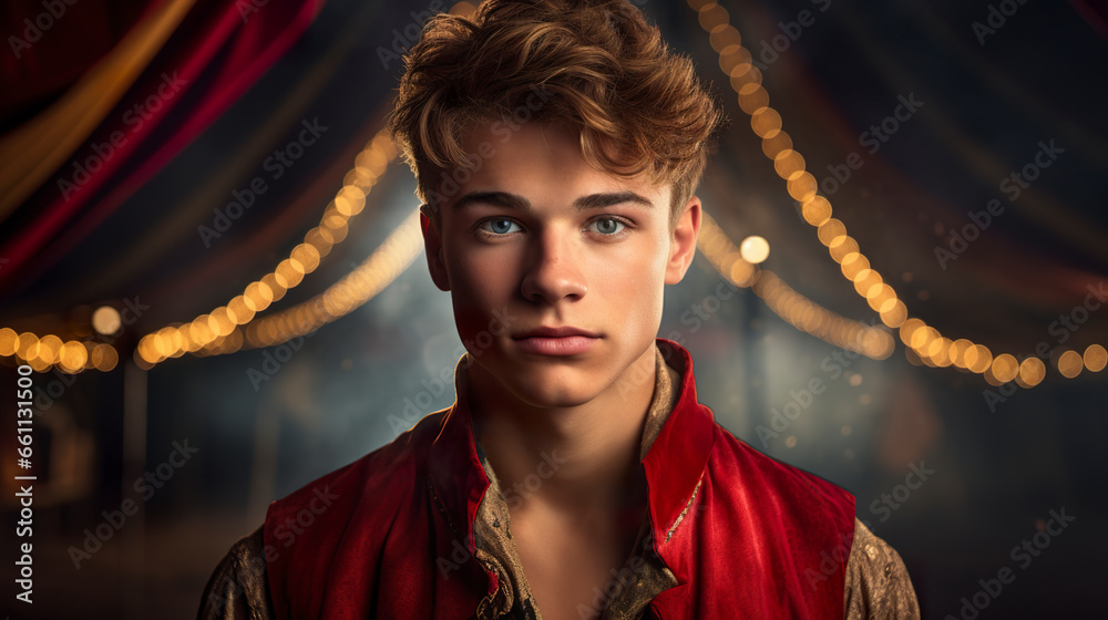 Portrait of a talented teenage circus actor on stage for his ...