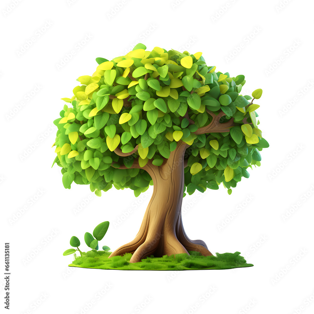 3D Cute reality cartoon tree. Realistic jungle tree on transparent ...