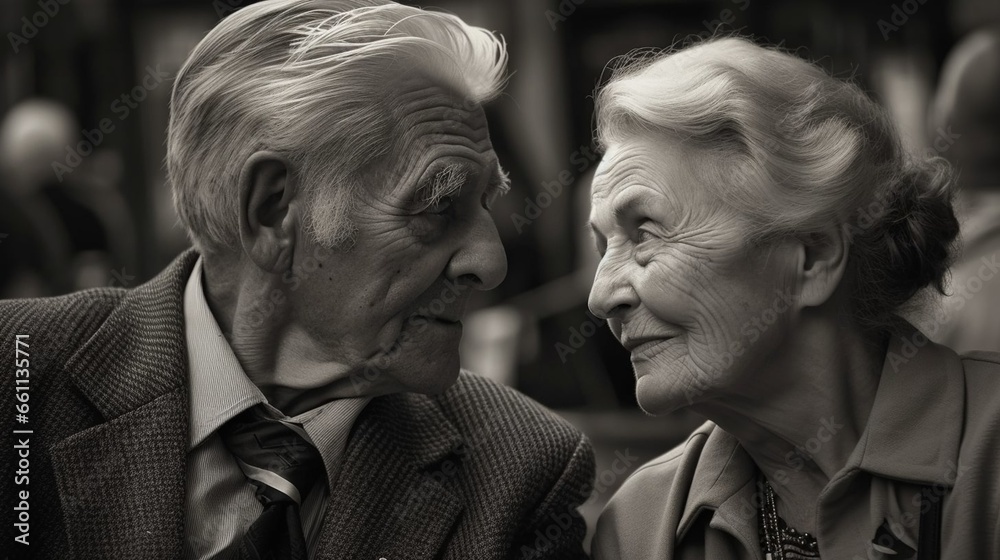 Fictitious elderly husband and wife look lovingly into each other's ...
