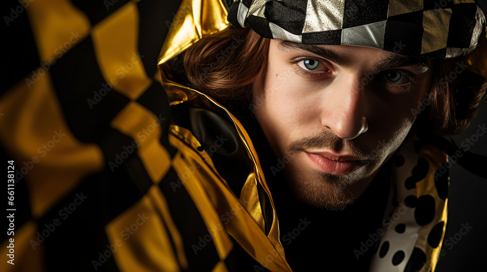 A court jester, with his back to pomp and circumstance. Jester dressed ...