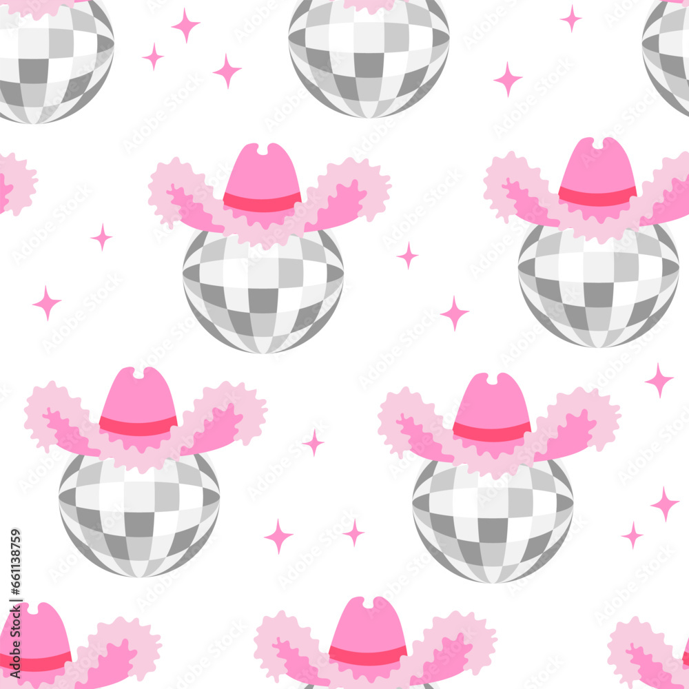 Seamless pattern with silver disco balls and pink cowboy hats. Vector ...