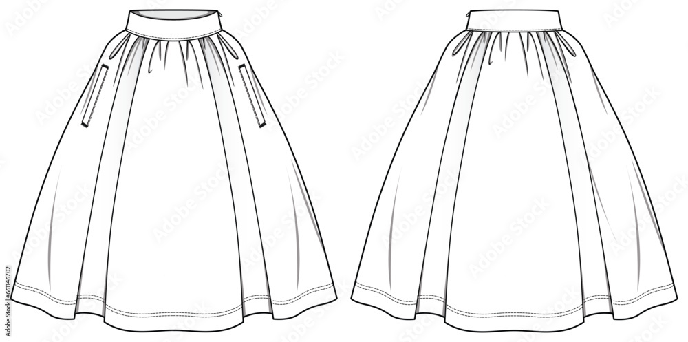 Women dirndl Skirt flat sketch illustration with front and back view ...
