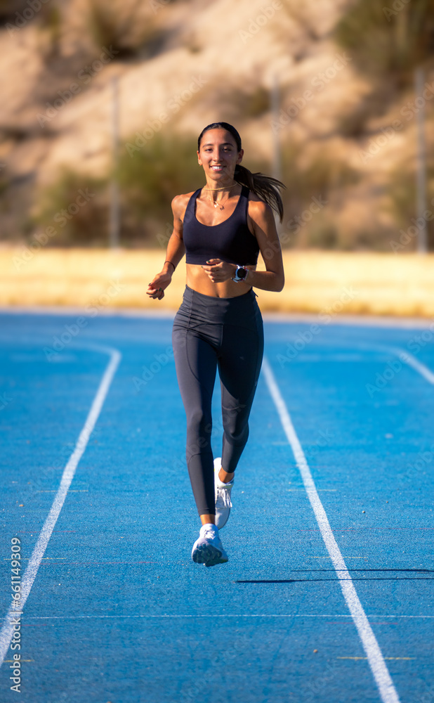 Beautiful slim young tanned runner girl, dressed in tight sportswear ...