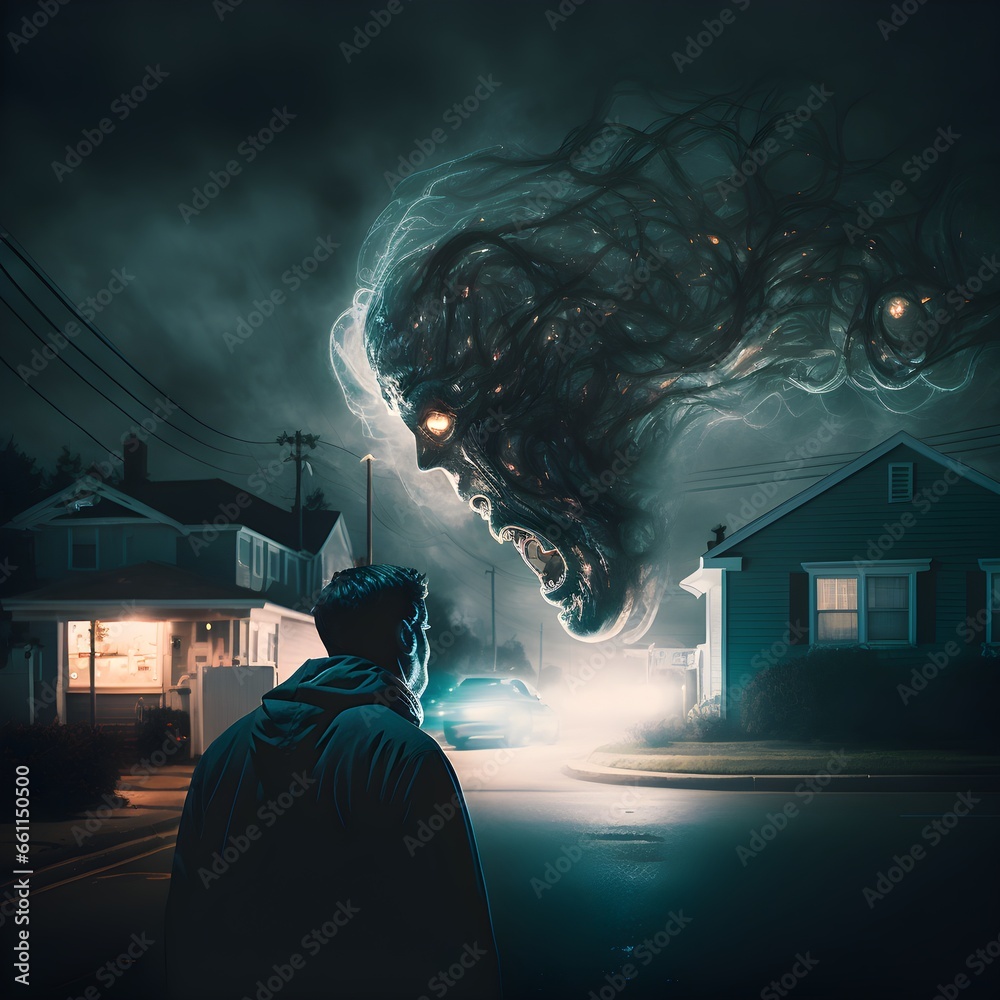 mans head being consumed by ghost like smoke tentacles on the streets ...