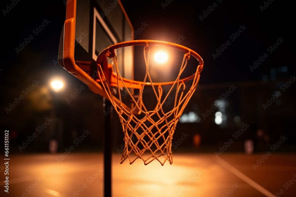 Street basketball ball falling into the hoop at night. Urban youth game ...