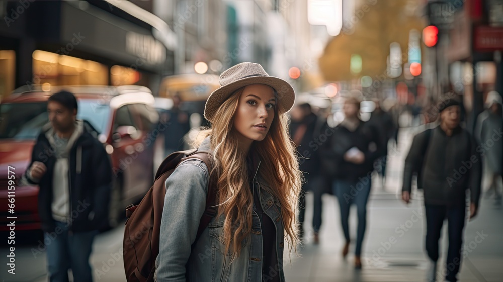 the urban lifestyle, people walking briskly on a city sidewalk ...