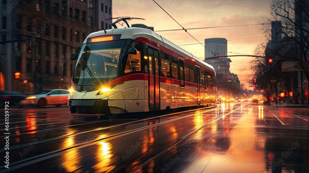 the movement of a tram or light rail system as it traverses the city ...