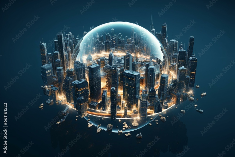 Bird's-eye view of revolving globe filled with towering buildings ...