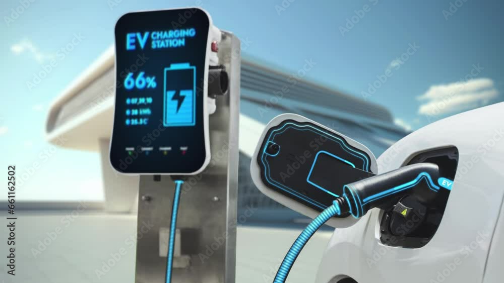 Electric car recharging from smart EV charging station in modern and ...