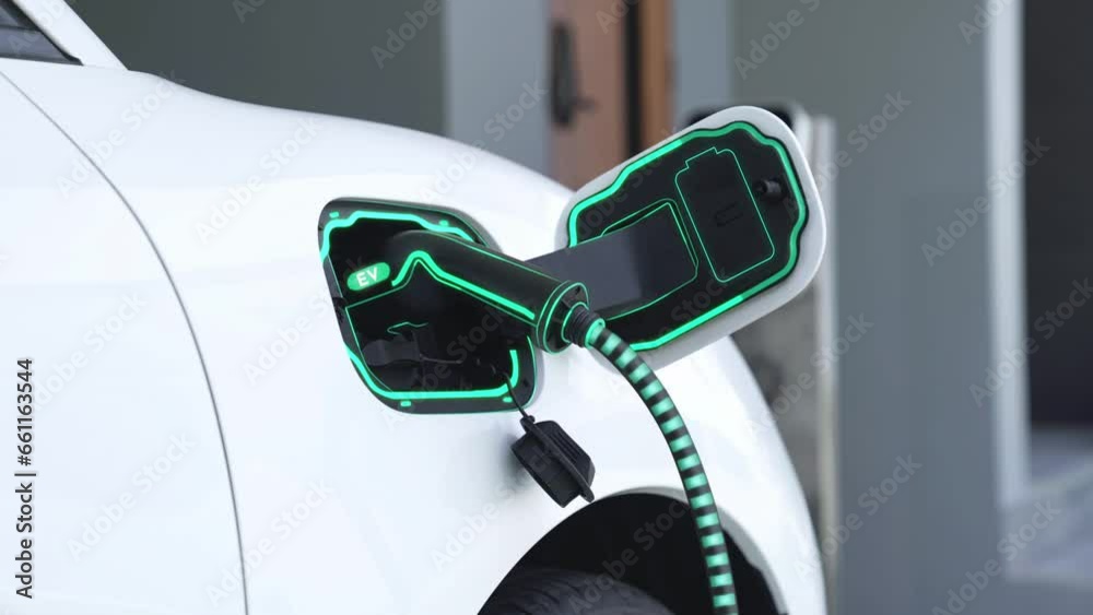 Electric car recharging from home charging station by futuristic EV ...