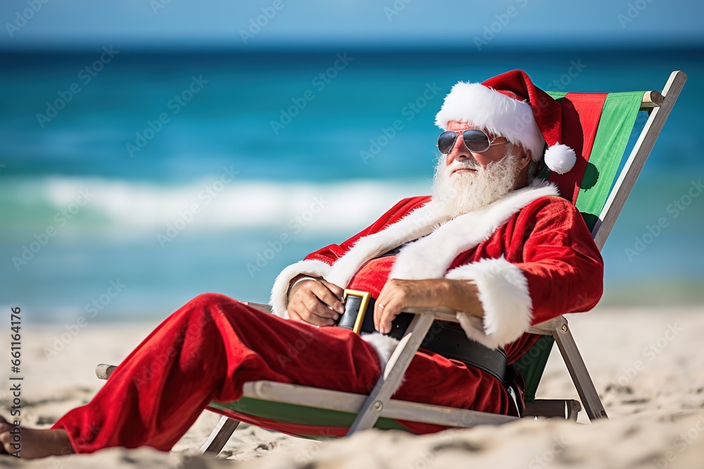 Santa Claus relaxing on tropical beach. He is lying on a sunlounger ...