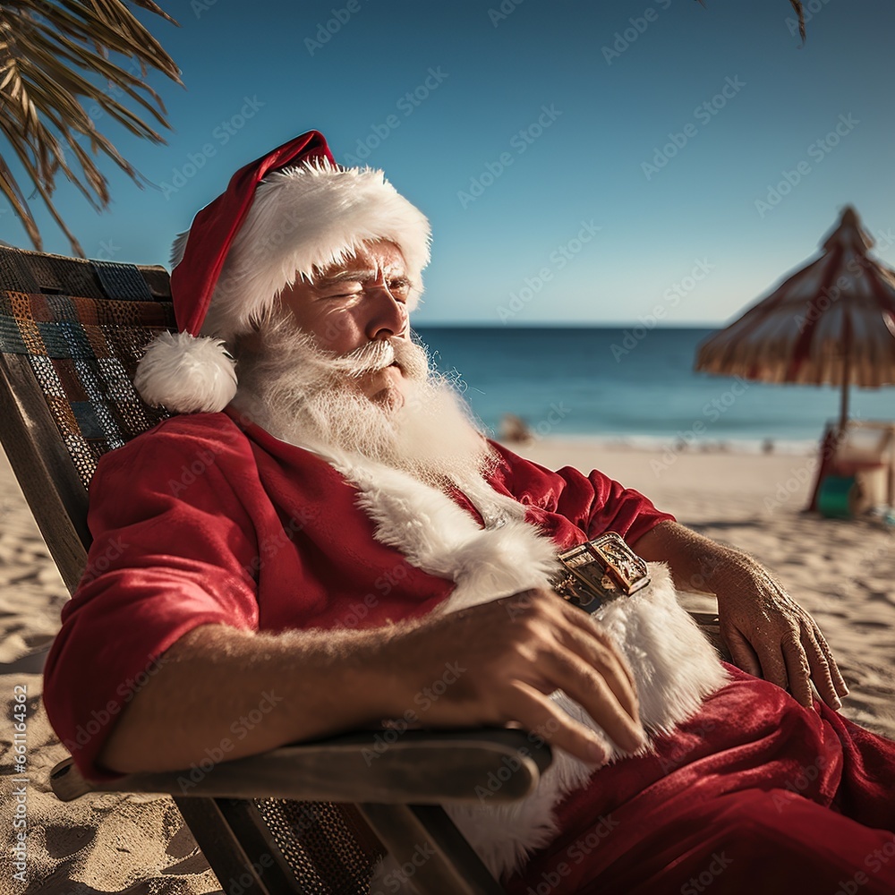 Santa Claus relaxing on tropical beach. He is lying on a sunlounger ...