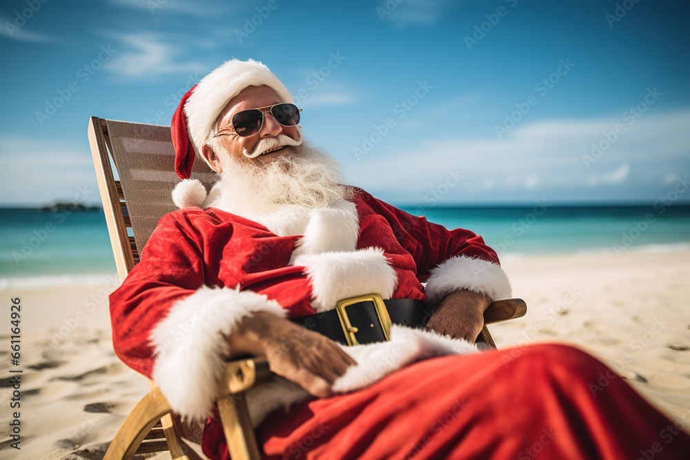 Santa Claus relaxing on tropical beach. He is lying on a sunlounger ...