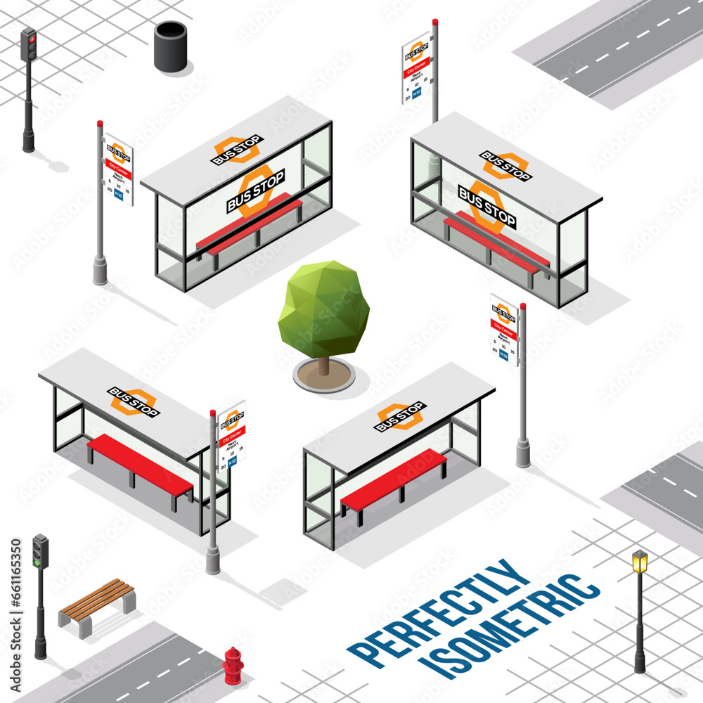 Isometric Bus Stops from Front Back Right and Left Views Stock Vector ...