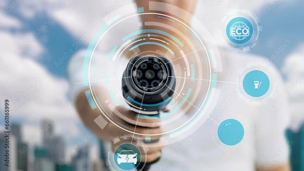 Focus EV charger pointing in front of camera display eco awareness icon ...