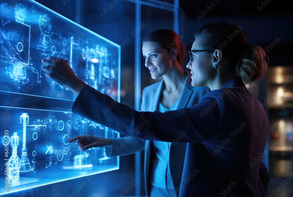 Two business women looking at data in a virtual dashboard screen ...
