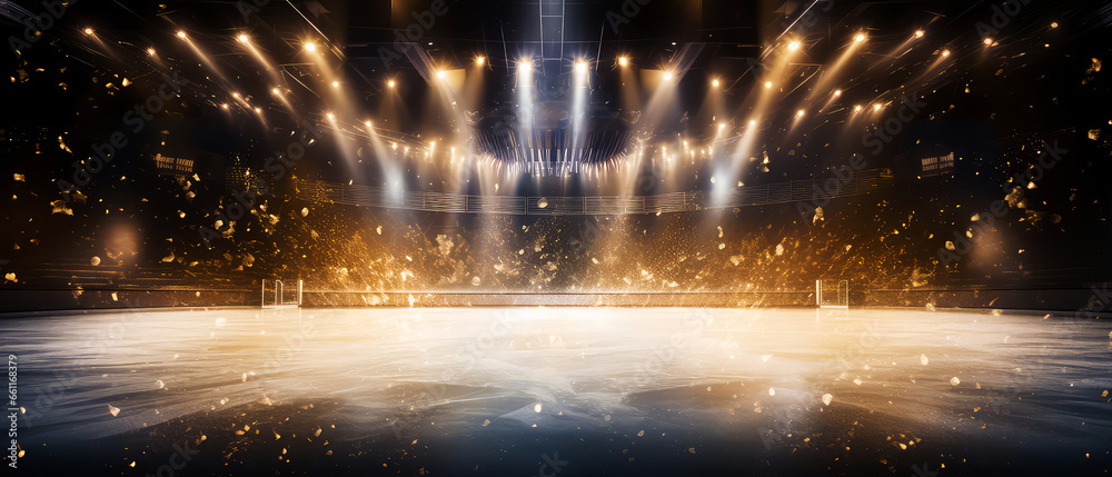 Empty Ice Rink scene. Background. Professional Arena illuminated by ...