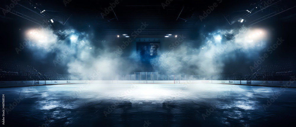 Empty Ice Rink Background. Professional Arena illuminated by lights ...