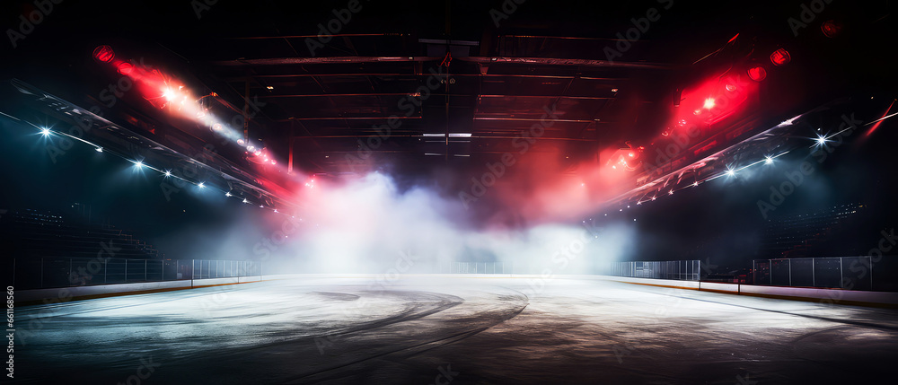 Empty Ice Rink Background. Professional Arena illuminated by lights ...