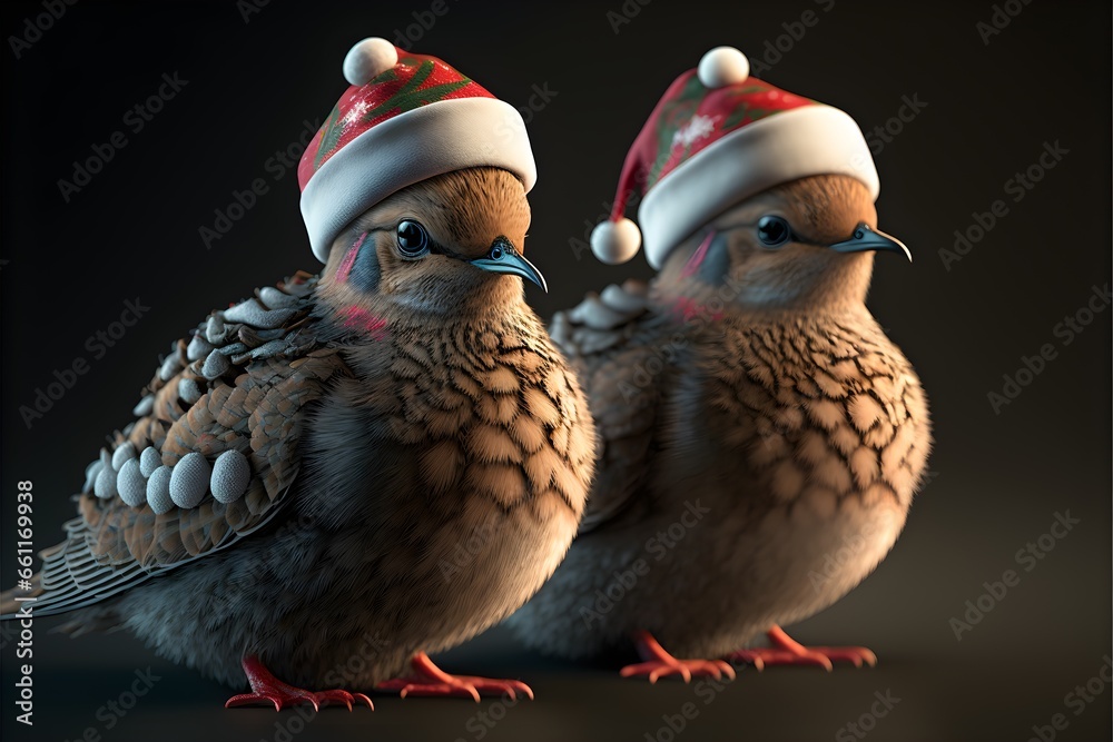 2 turtle doves in mini Santa hats Hyperrealistic cinematic lighting ...