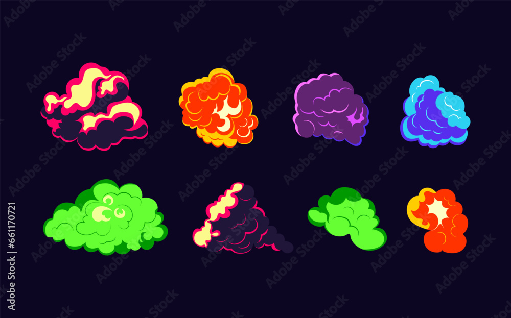 Smoke explosion animation of an explosion with comic flying clouds. Set ...